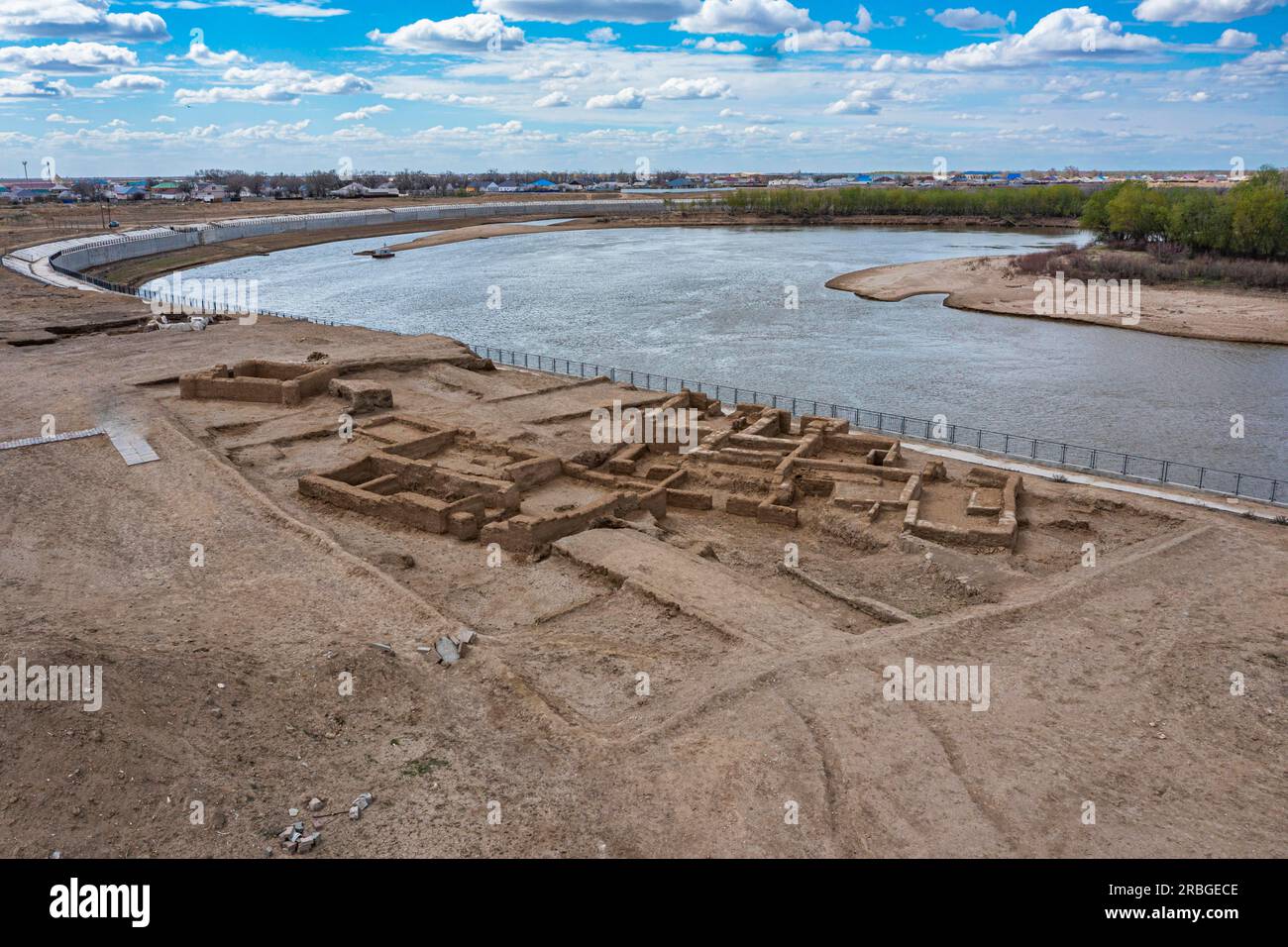Aerial of Saray- Juek ancient settlement on the Ural river, Atyrau ...