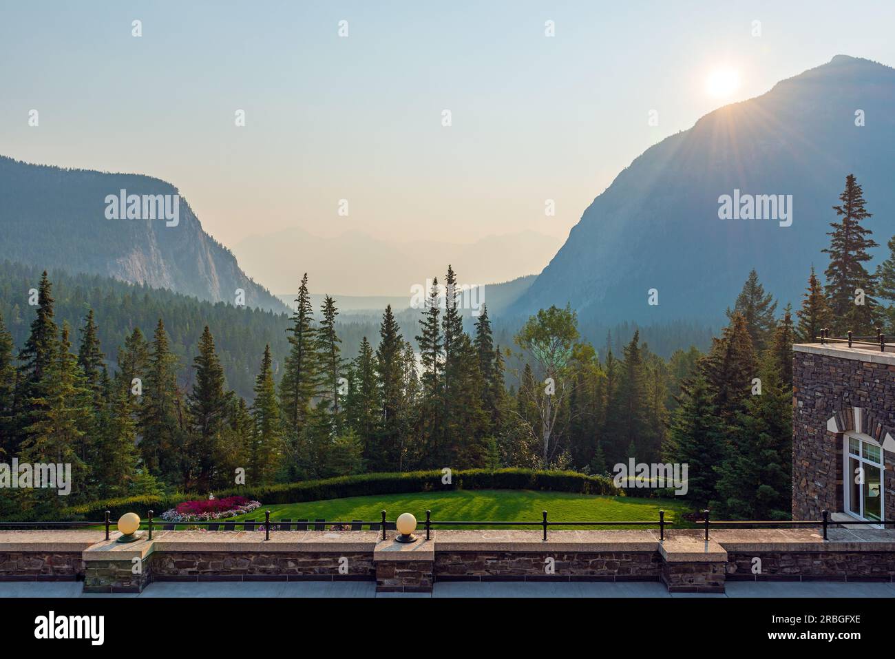 Banff Valley landscape from Banff Springs Hotel during 2017 wildfires ...