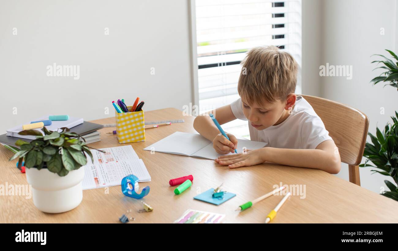 Cute boy doing school homework at home. Distance education. Online ...