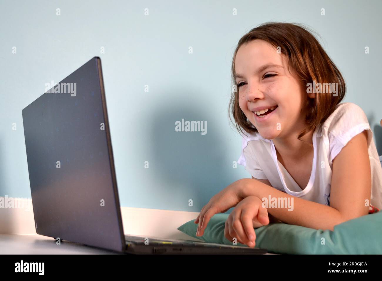 Girl student online learning class study online video call zoom teacher ...
