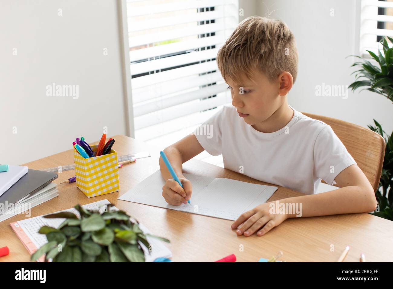 Cute boy doing school homework at home. Distance education. Online ...