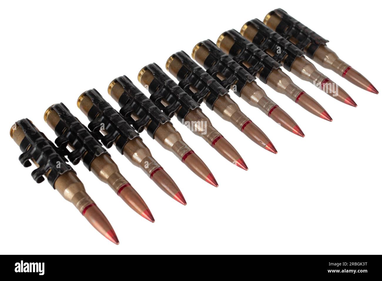 Ammunition belt with cartridges for heavy machine gun isolated on white ...
