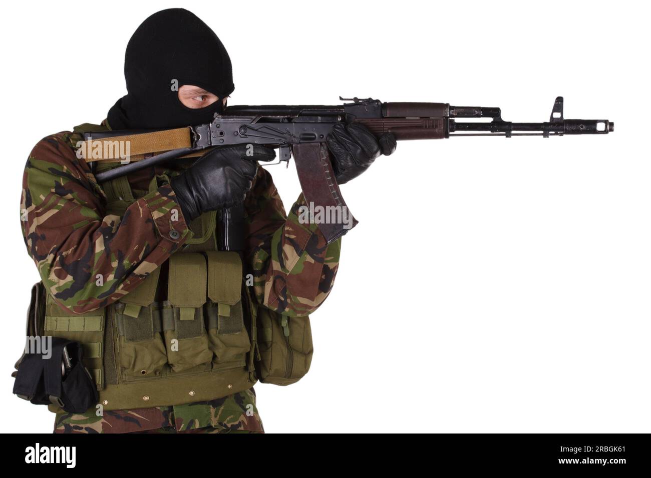 paramilitary soldier fire with kalashnikov gun isolated on white Stock ...