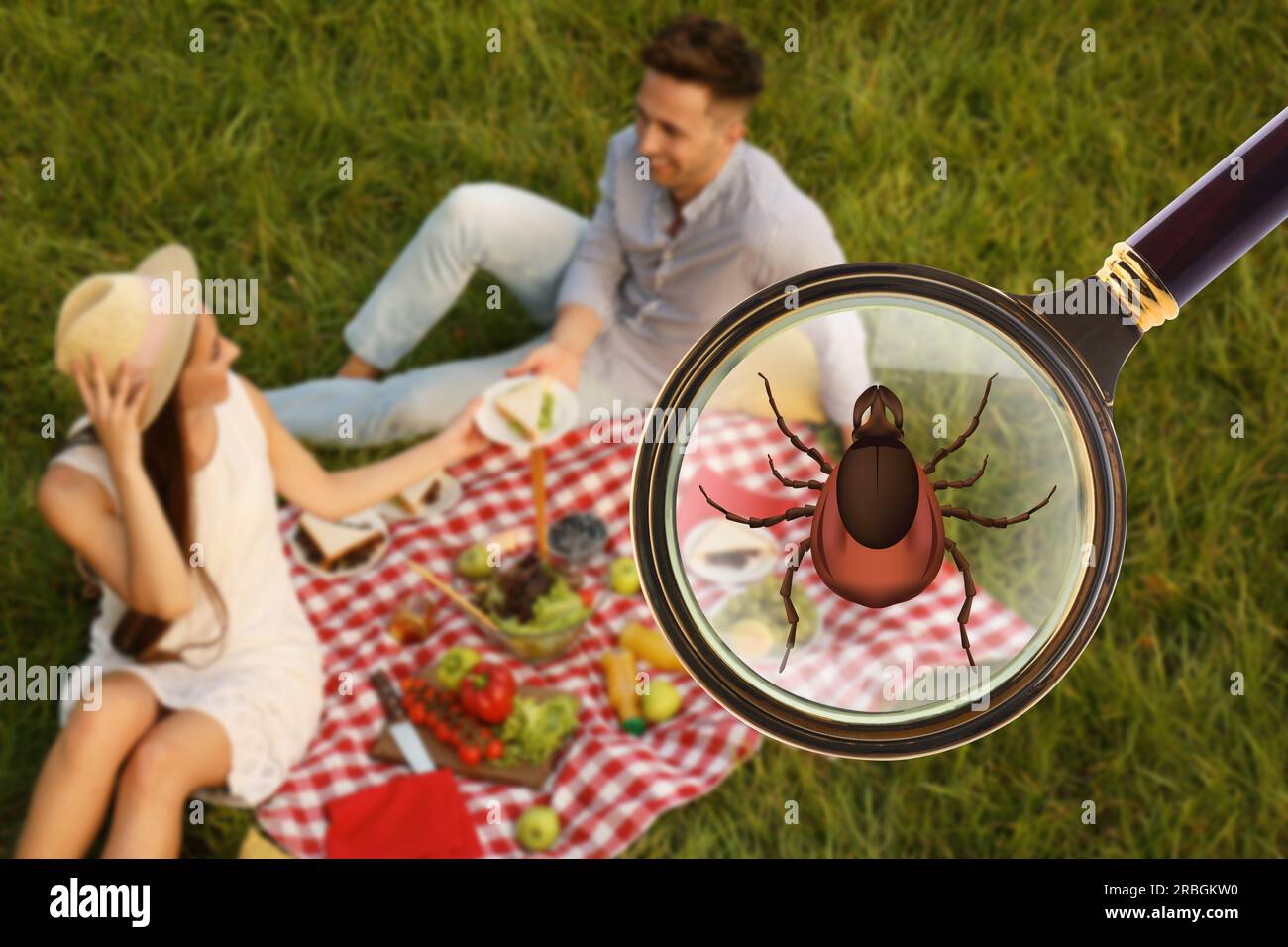 Happy couple having picnic in park and don't even suspect about hidden ...