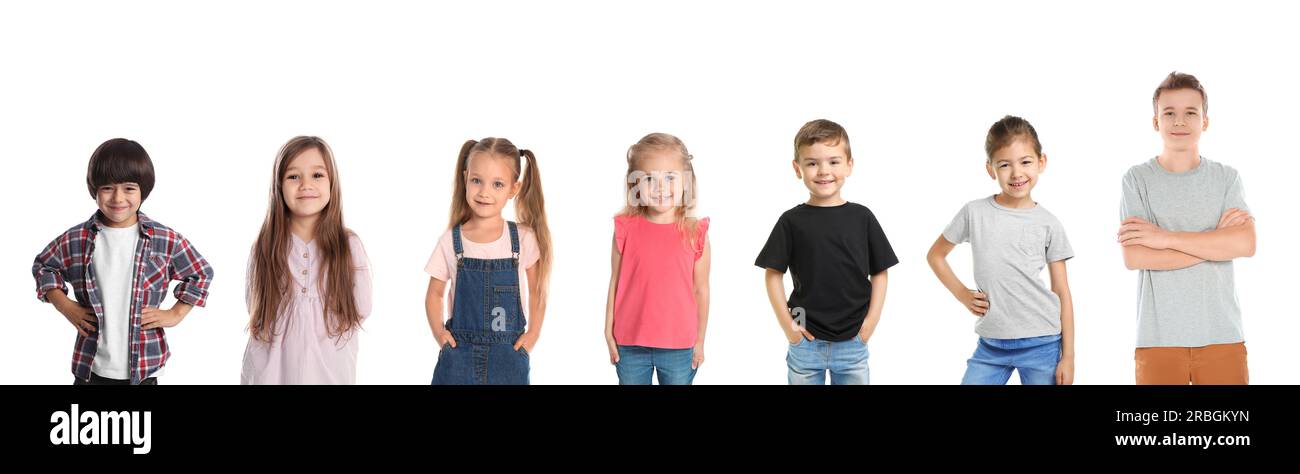 Cheerful children of different ages on white background. Collage design ...