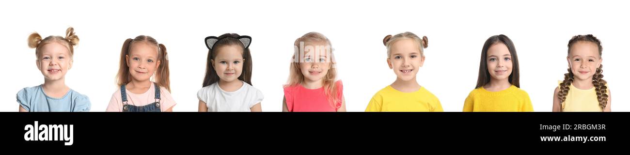 Collage with photos of different cheerful girls on white background ...