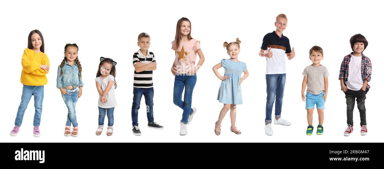 Cheerful children of different ages on white background. Collage design ...