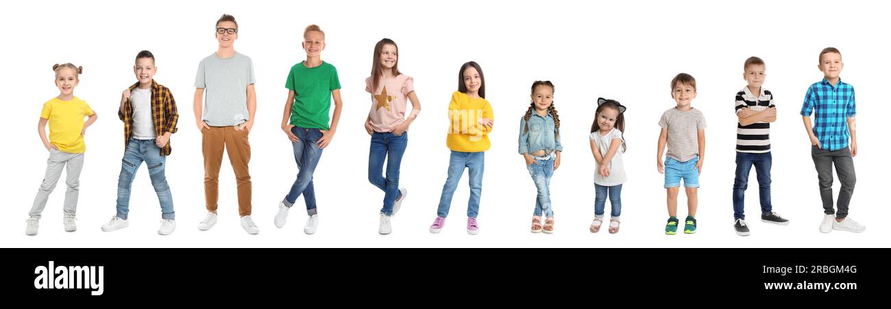 Cheerful children of different ages on white background. Collage design ...
