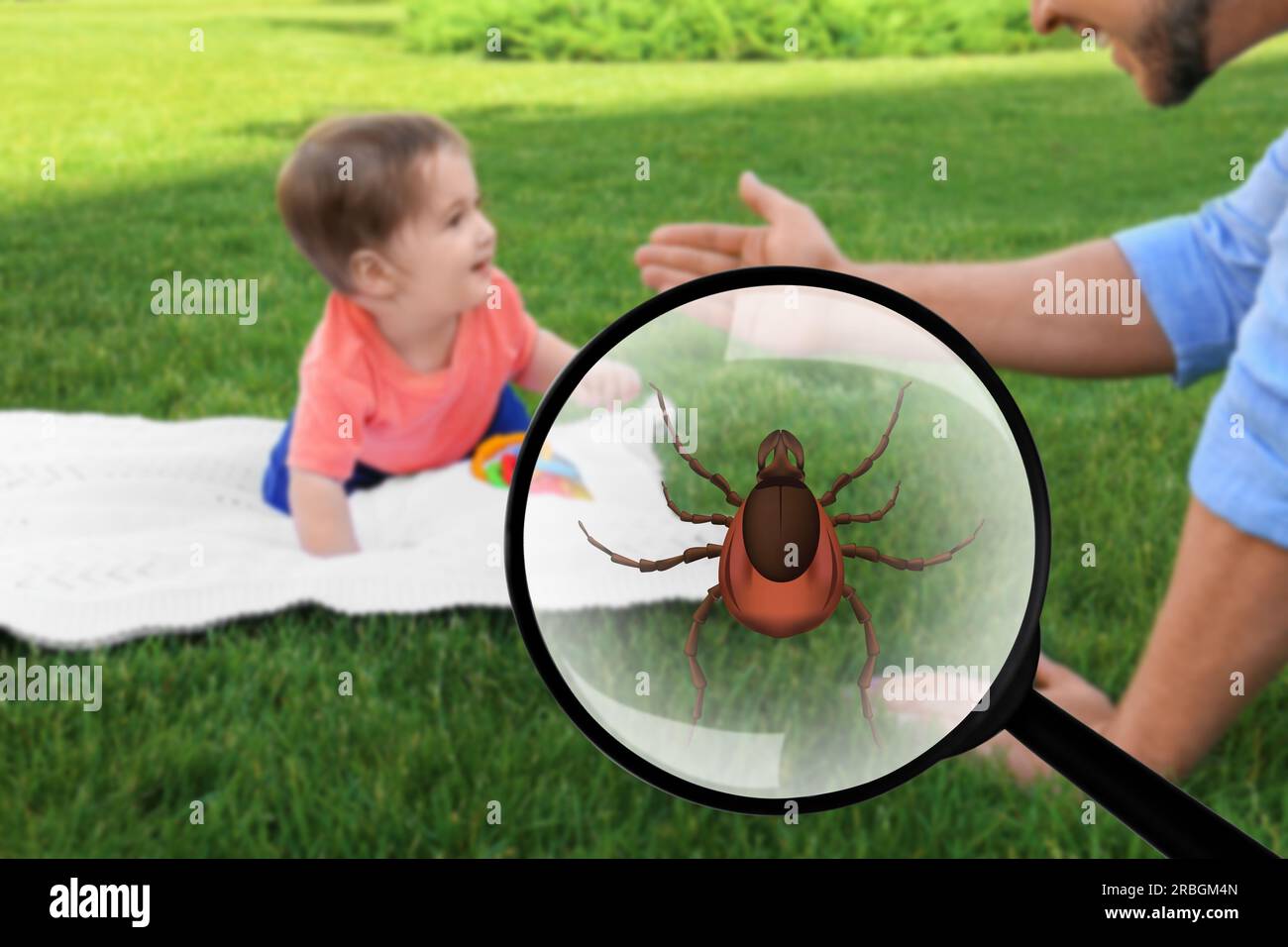 Seasonal hazard of outdoor recreation. Little baby crawling towards ...