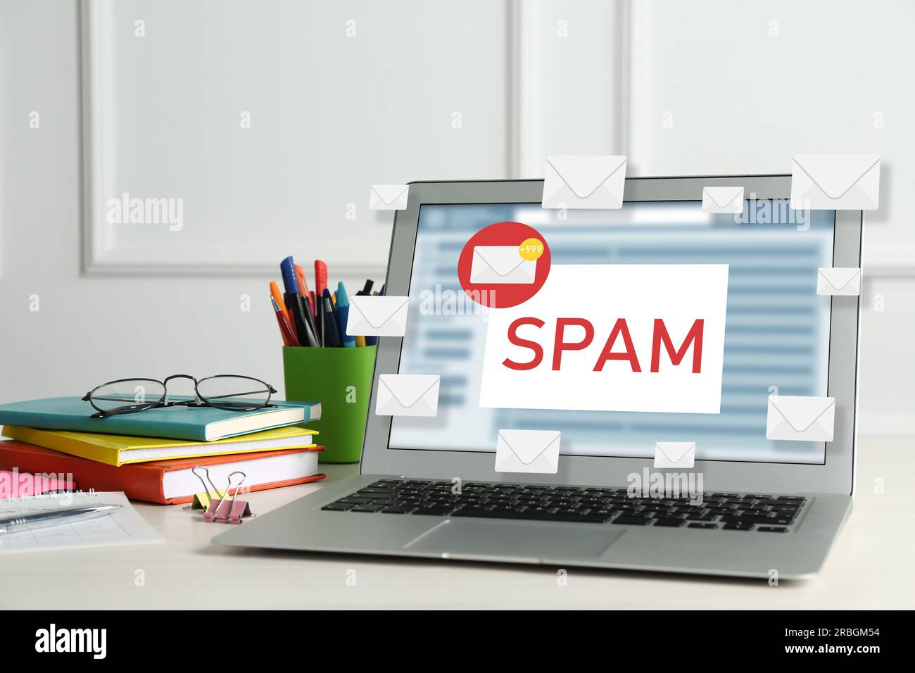 Spam warning message in email software. Envelope illustrations popping ...