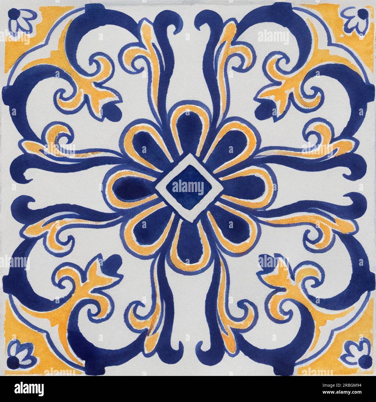 Watercolor illustration of portuguese ceramic tiles pattern. Single ...