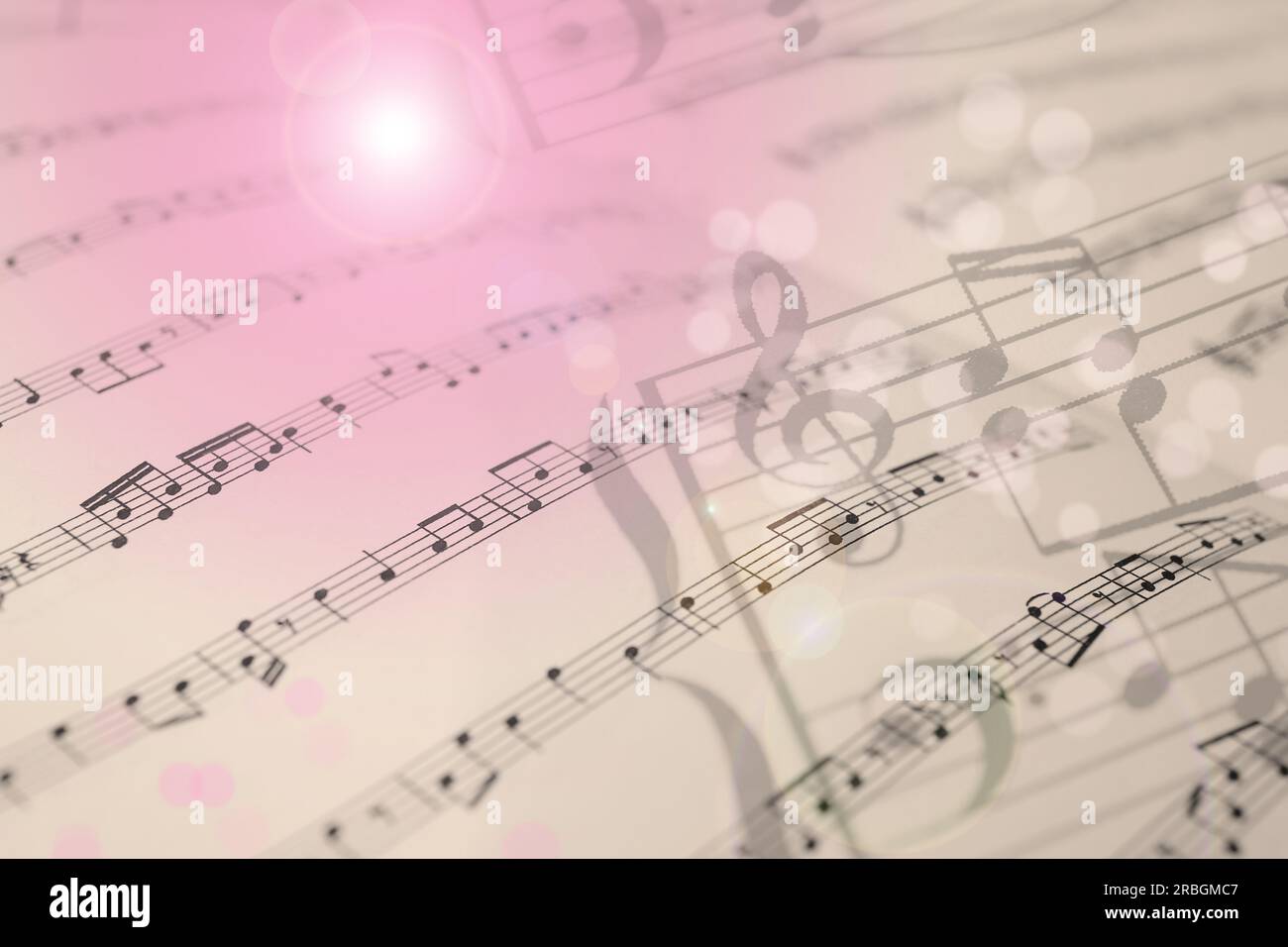 Double exposure of sheets with music notes as background, closeup ...