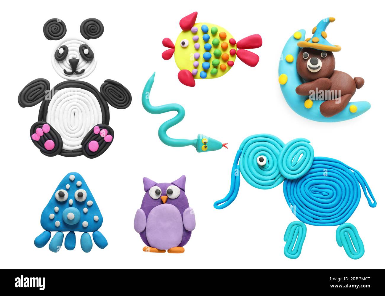 Set with different colorful child's crafts of plasticine on white ...