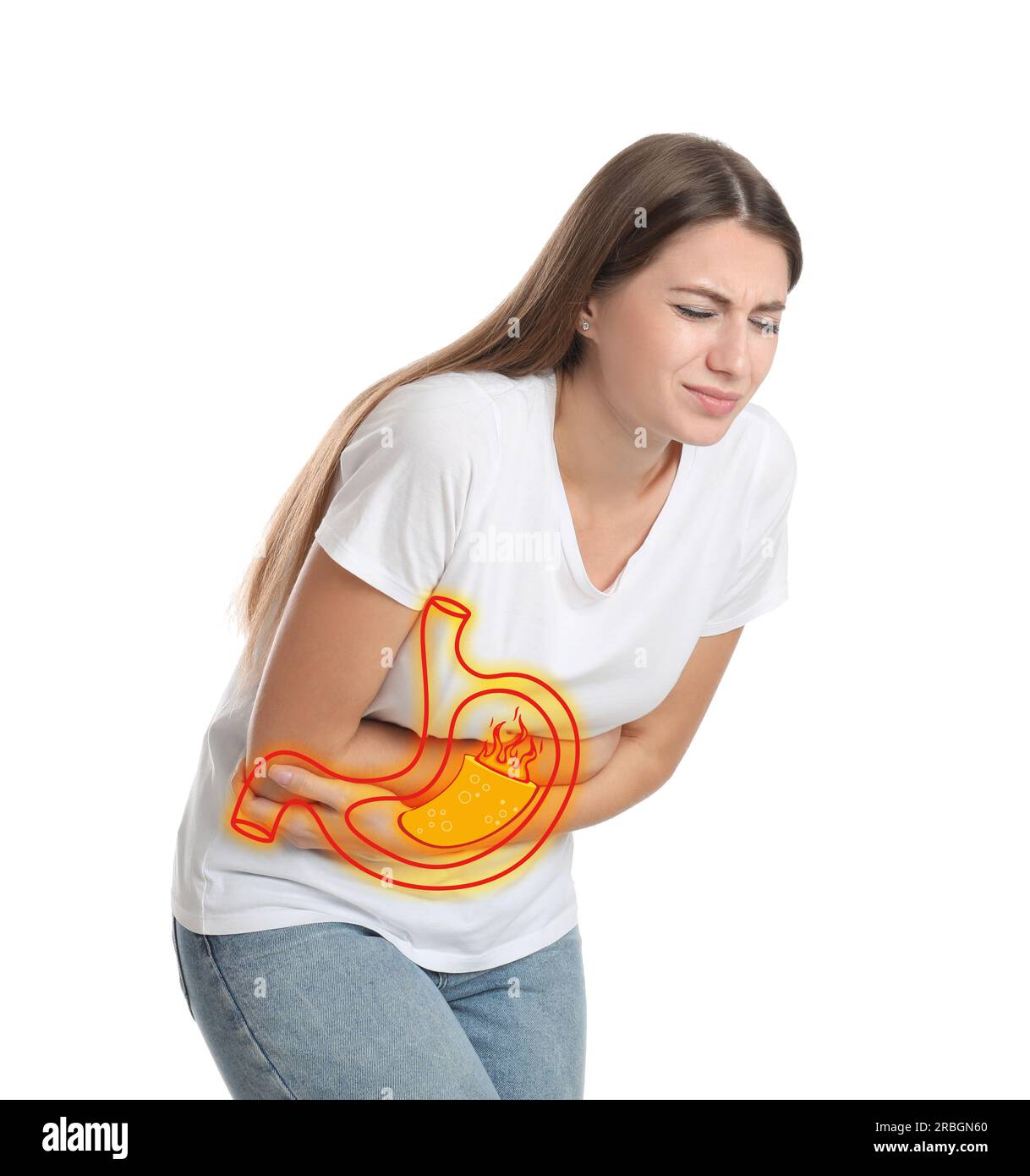 Woman suffering from heartburn on white background. Stomach with lava ...