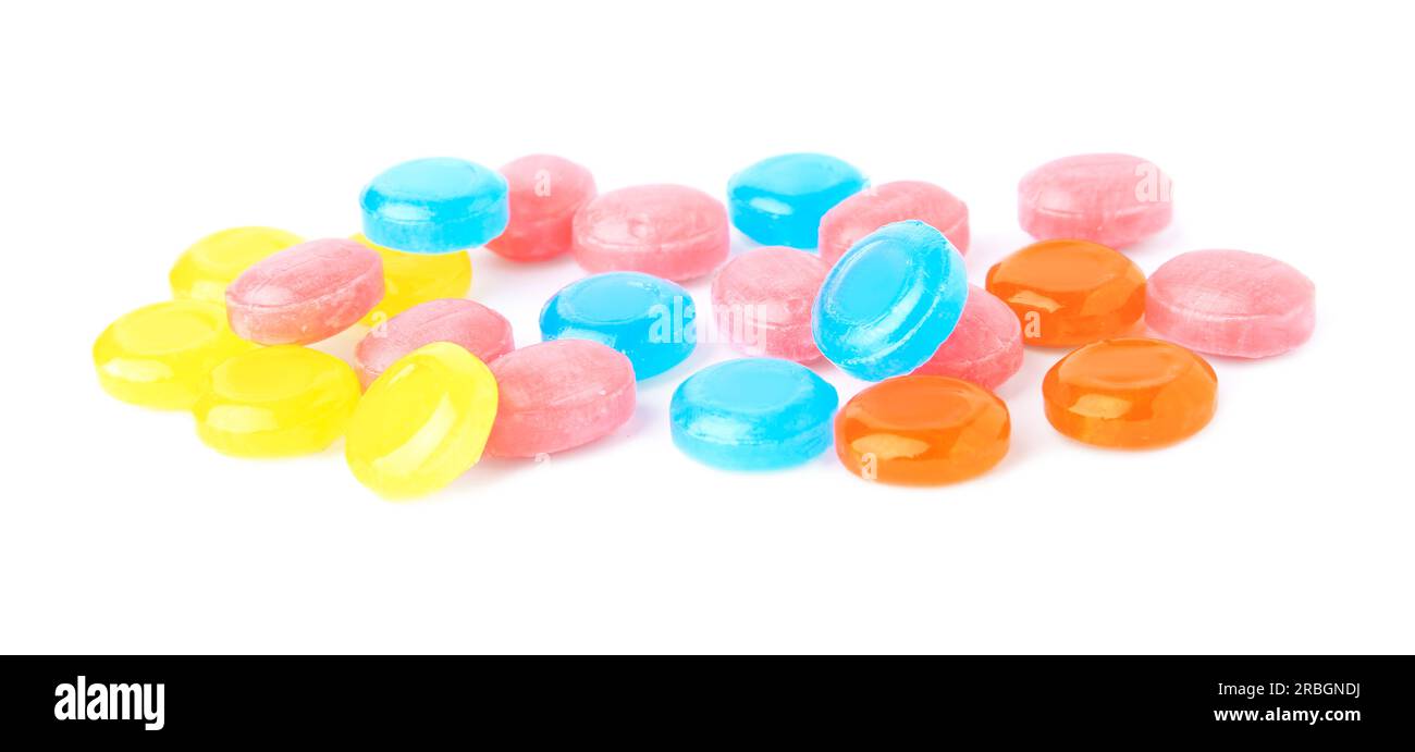 Many different colorful cough drops on white background Stock Photo - Alamy