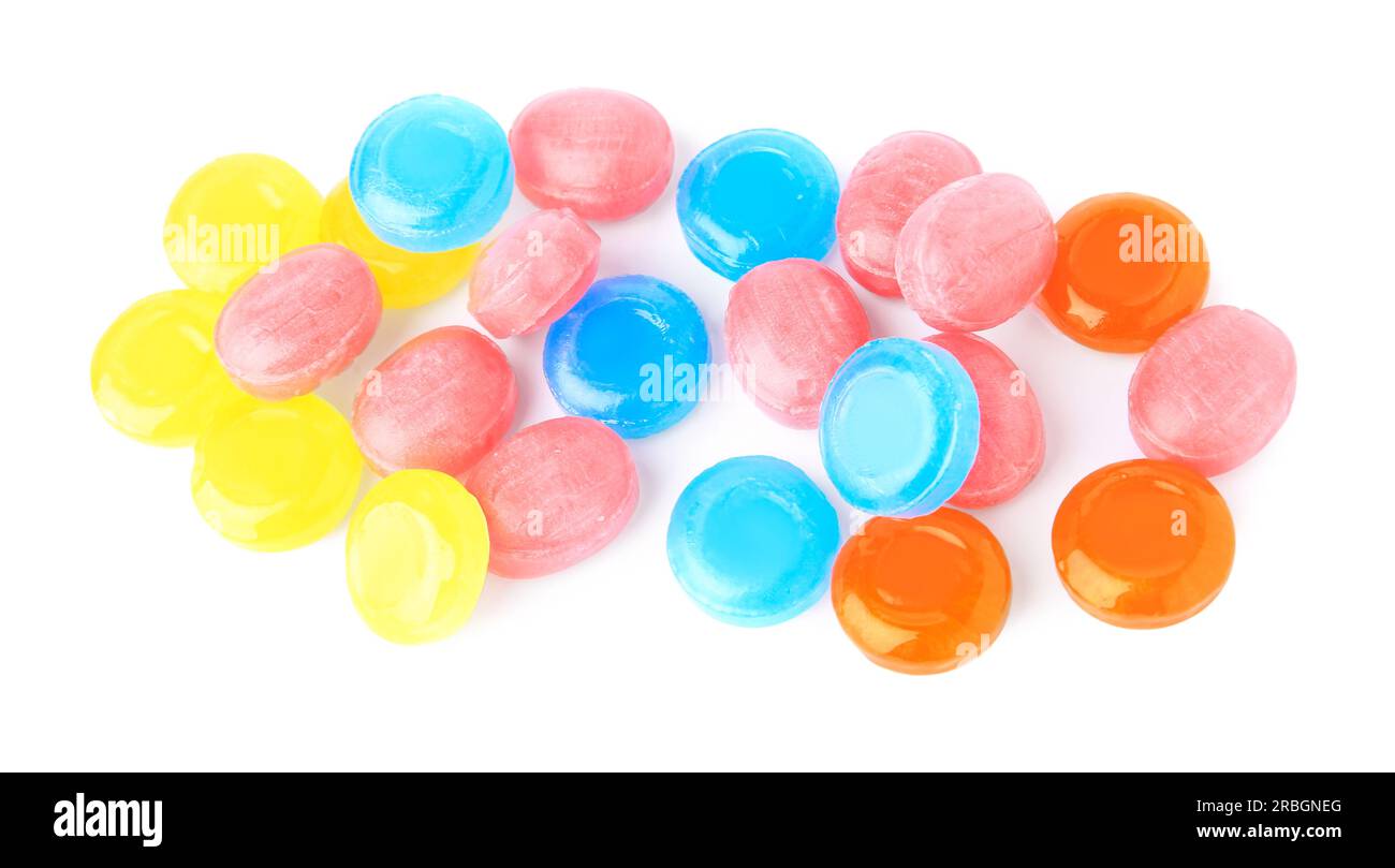 Many different colorful cough drops on white background, top view Stock ...