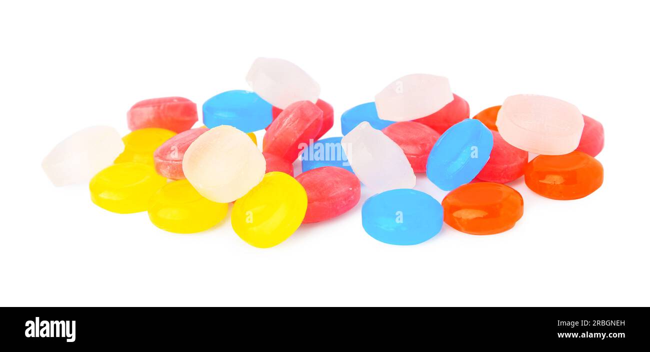 Many different colorful cough drops on white background Stock Photo - Alamy