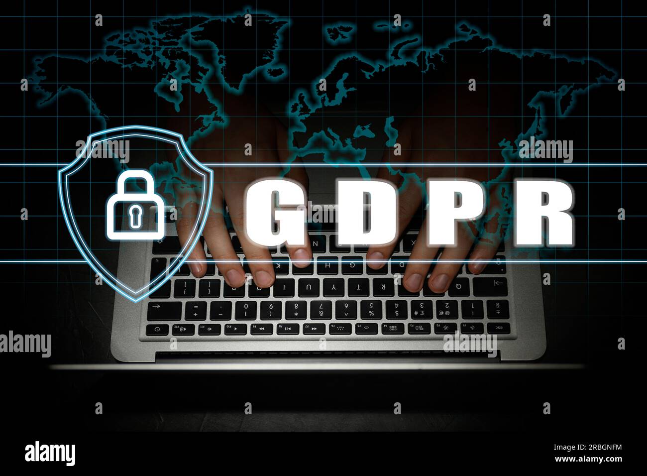 General Data Protection Regulation. Man working with laptop on black ...