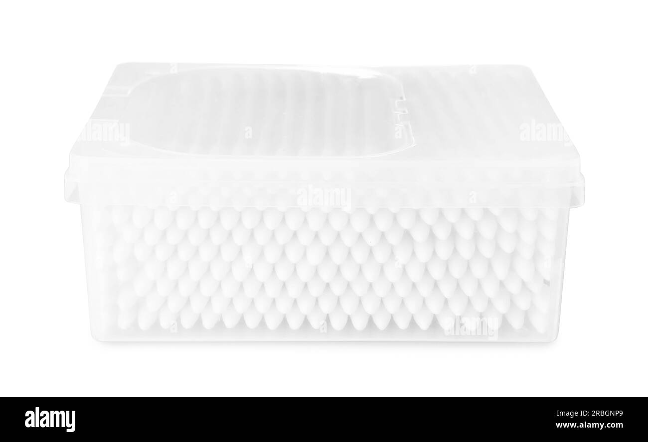 Cotton buds in plastic container isolated on white Stock Photo - Alamy