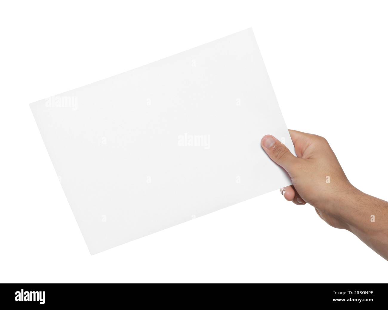 Man holding sheet of paper on white background, closeup. Mockup for ...