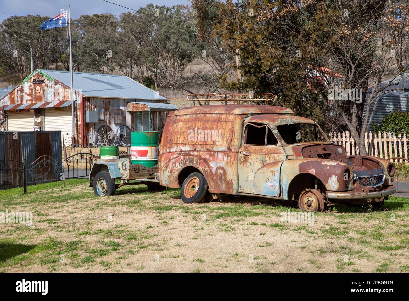 2023, Sofala NSW rusty old vehicle at the entrance to Sofala, a former gold mining town in the ...
