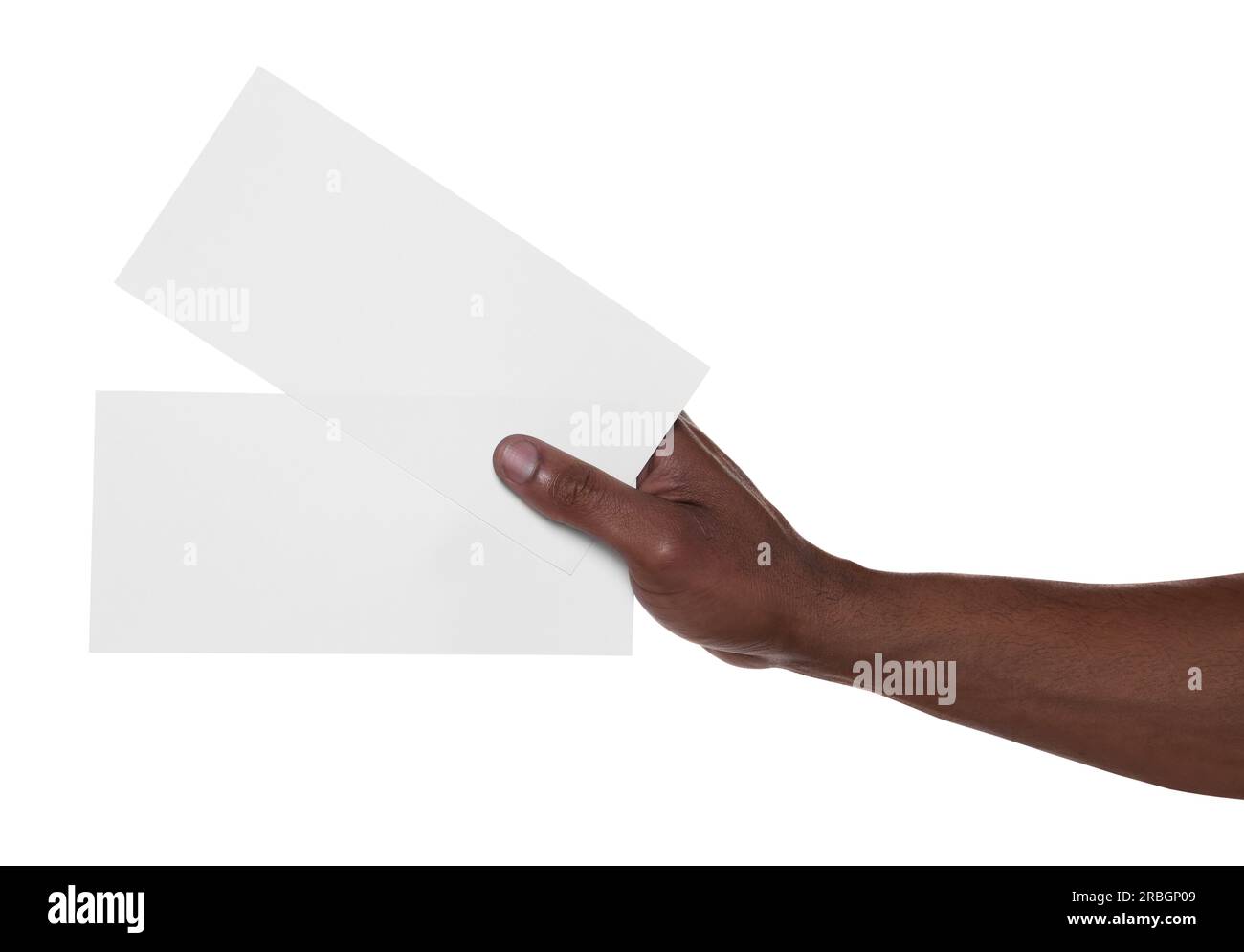African American man holding flyers on white background, closeup ...