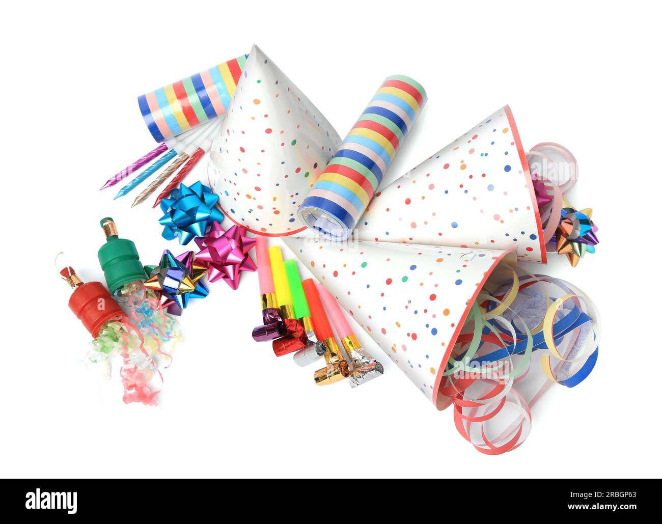 Party crackers and different festive items on white background Stock ...