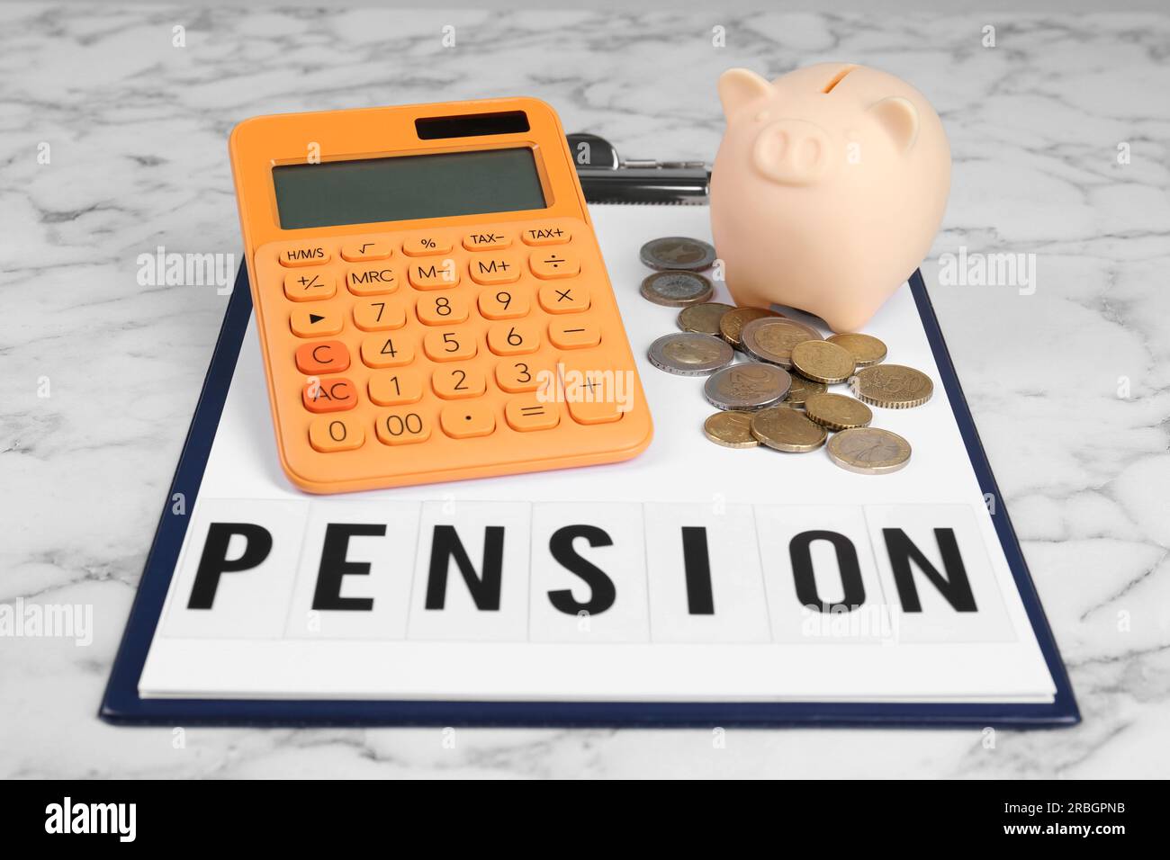 Calculator, piggy bank, coins and clipboard with word Pension on white ...