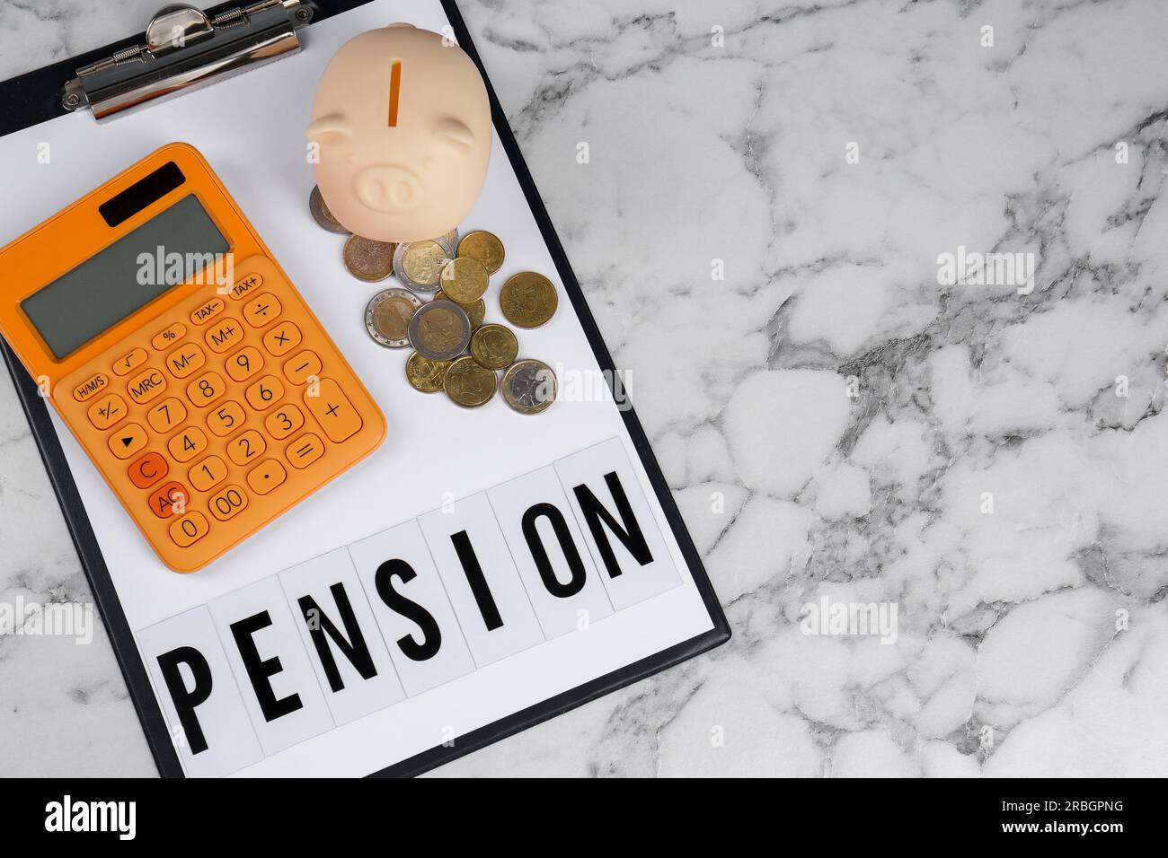 Calculator, piggy bank, coins and clipboard with word Pension on white ...