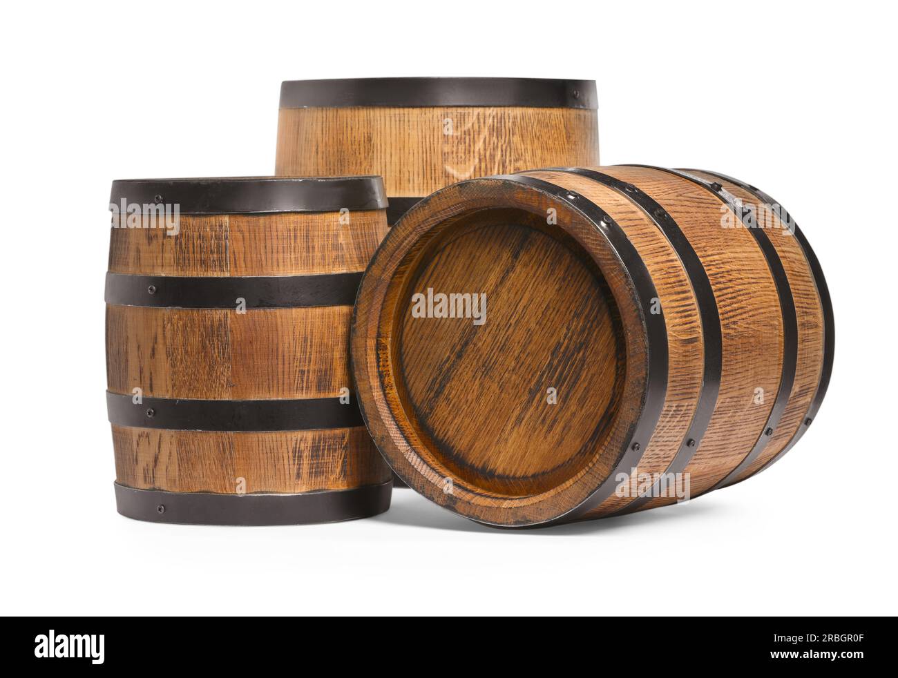 Three traditional wooden barrels on white background Stock Photo - Alamy