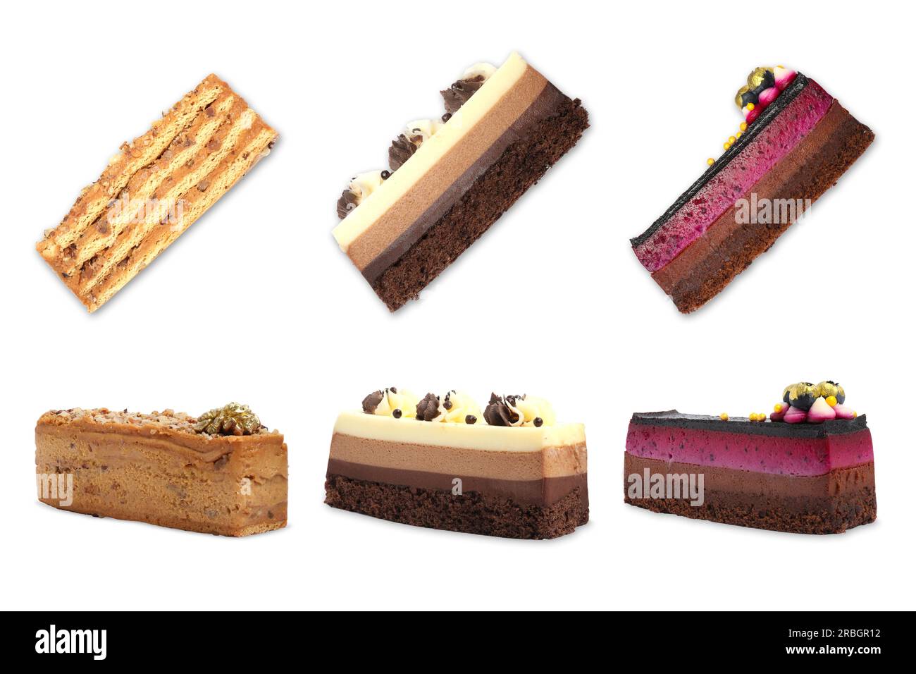 Collage with different delicious cakes on white background, top and ...