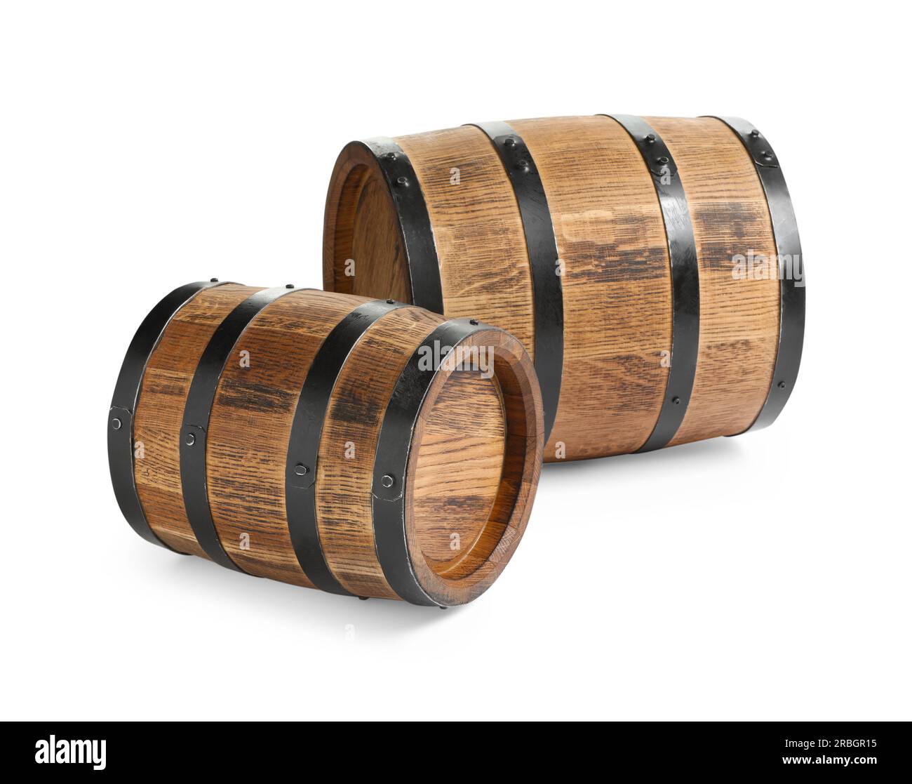 Two traditional wooden barrels on white background Stock Photo - Alamy