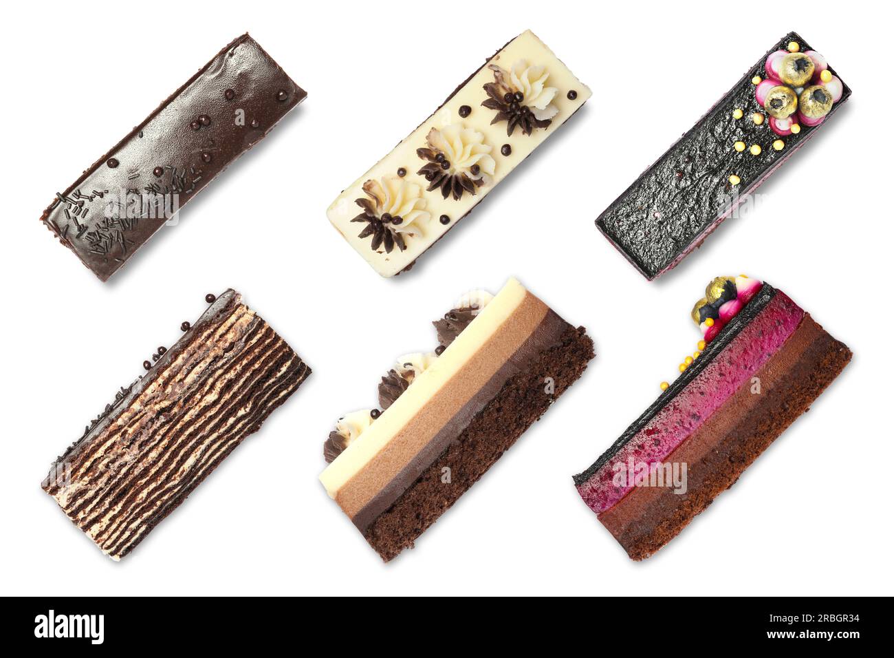 Collage with different delicious cakes on white background, top and ...