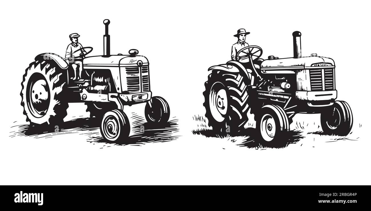 Farm Tractor Line Art Silhouette vector illustration Stock Vector Image ...