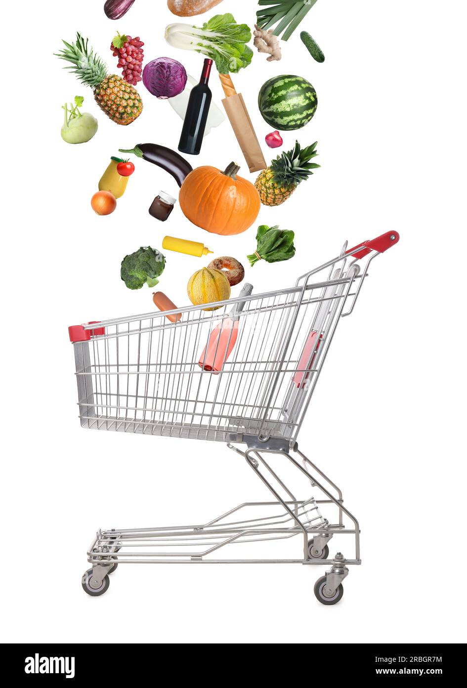 Market assortment. Different products falling into shopping cart on ...