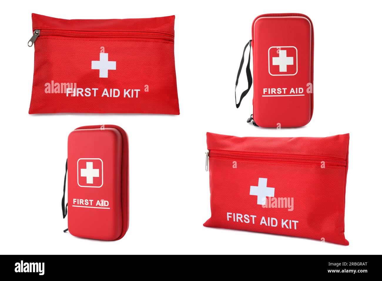 Collage with first aid kits on white background Stock Photo - Alamy
