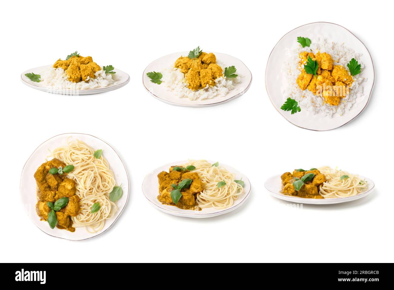 Set of delicious curry dishes on white background, different views ...