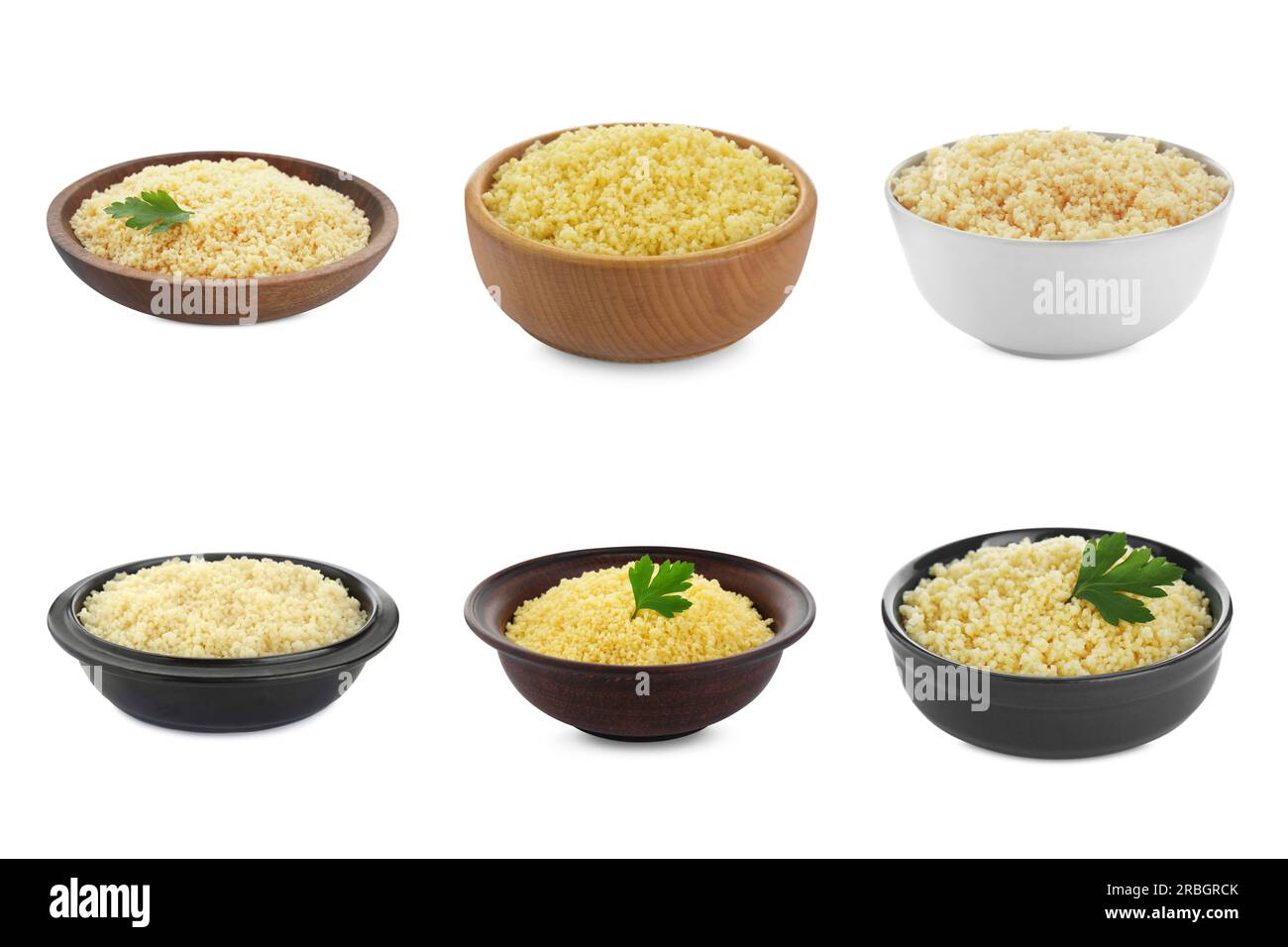 Delicious couscous in bowls on white background. Collage design Stock ...
