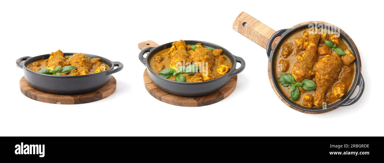 Delicious chicken curry on white background, different views. Collage ...