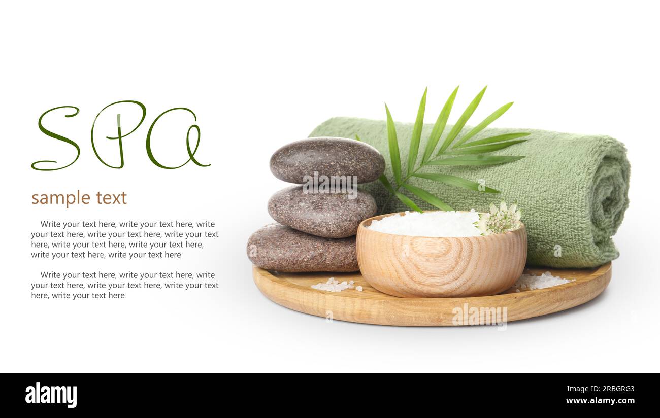 Spa stones, sea salt and soft towel on white background. Banner design ...
