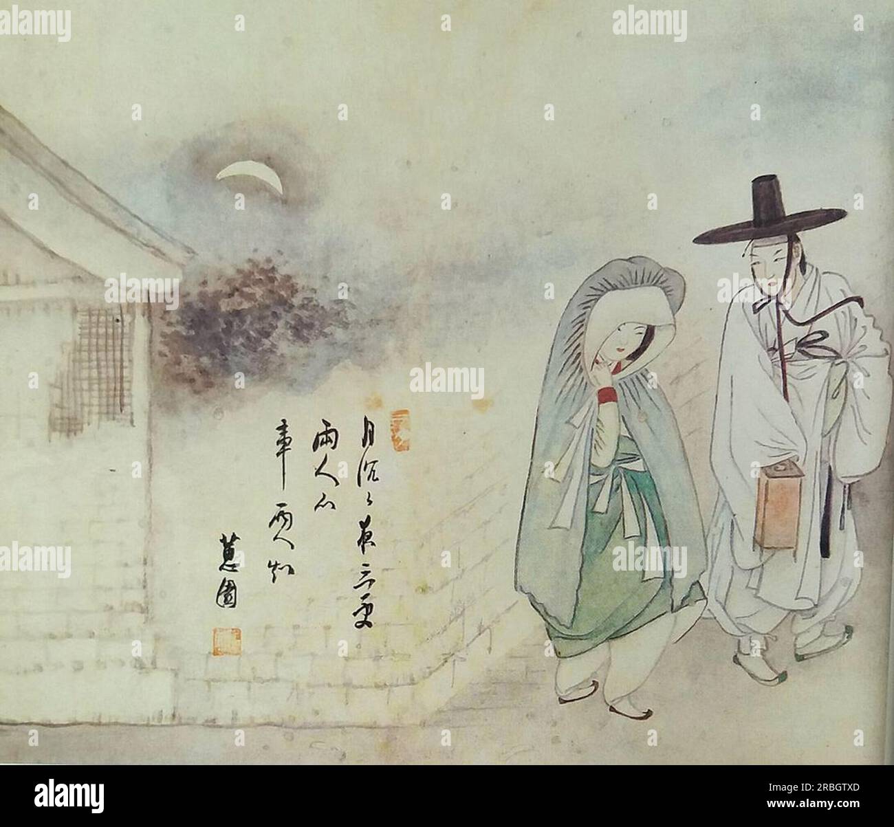 Lovers under the moon by Shin Yoon-bok Stock Photo - Alamy