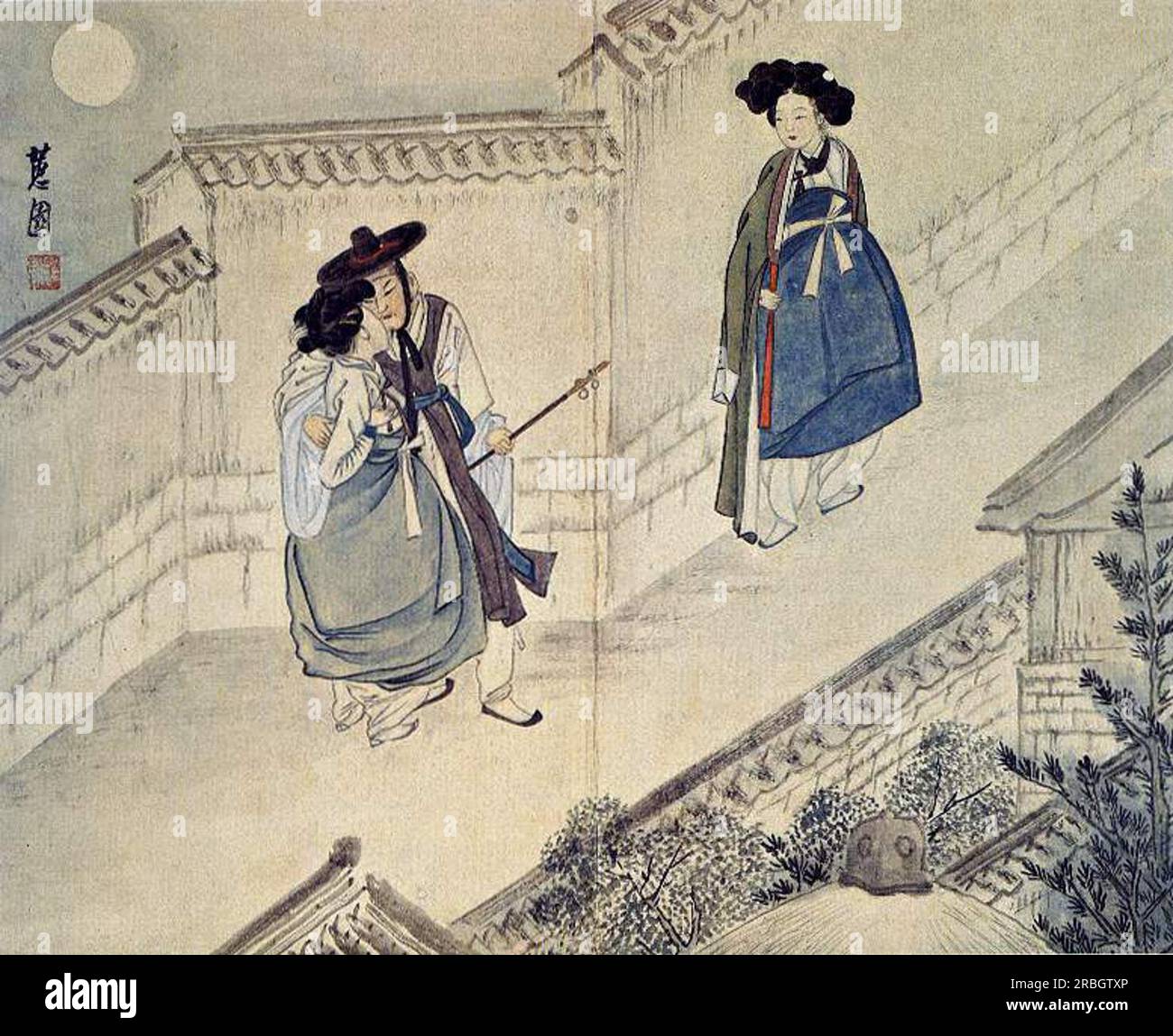 Moon-night secret meeting by Shin Yoon-bok Stock Photo - Alamy