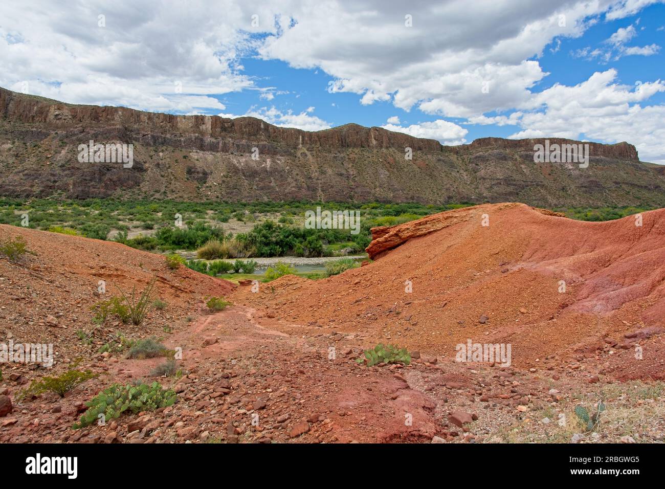 Lush green Rio Grande river basin cuts between arid mesa ridge ...