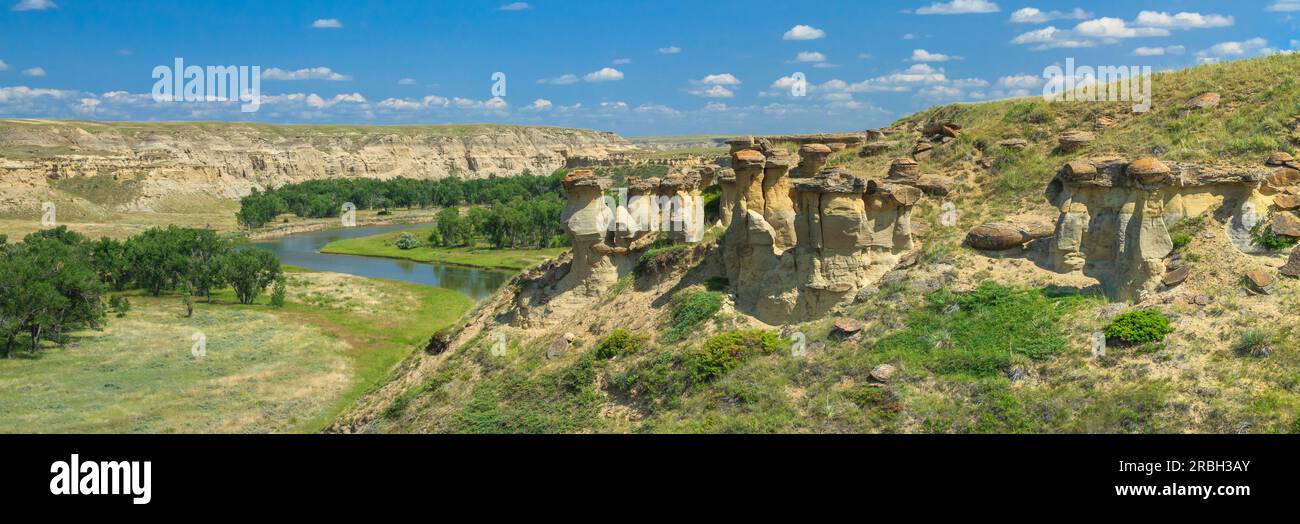 panorama of sandstone hoodoos above the marias river near chester ...