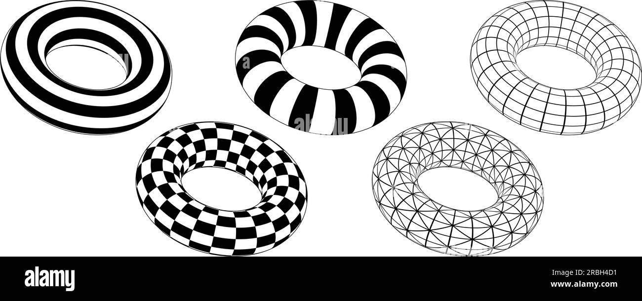 Set Of Torus With Different Patterns Wireframe Circle Object With Lines Dots Squares 3d Grid