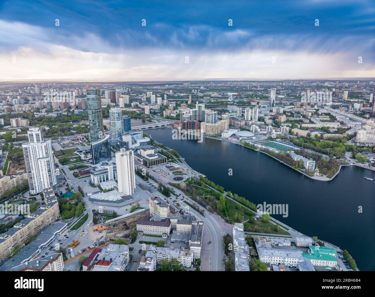 Yekaterinburg city and pond aerial panoramic view at summer sunset ...