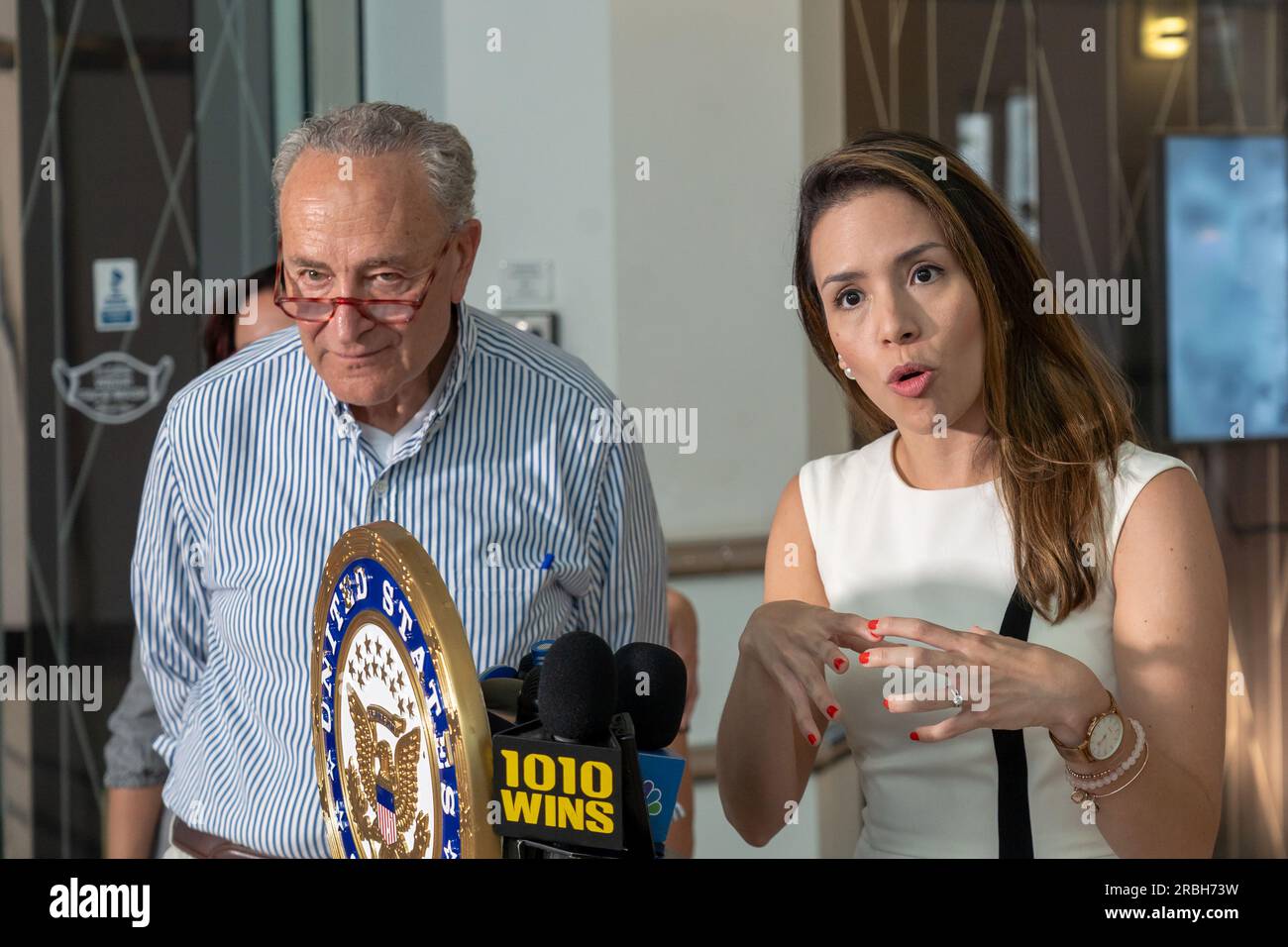 New York, USA. 09th July, 2023. Dr. Edith Bracho-Sanchez speaks about health concern for the ...