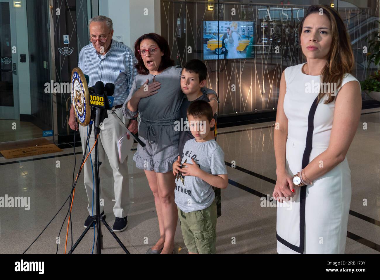 New York, USA. 09th July, 2023. Leslie Sloane, a mom, speaks about her ...