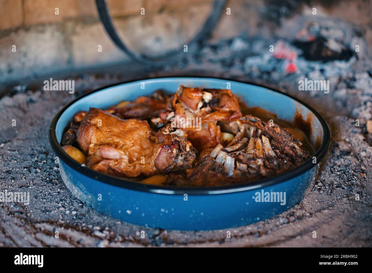 Closeup of traditional grilled meat in the oven on open flame Stock ...