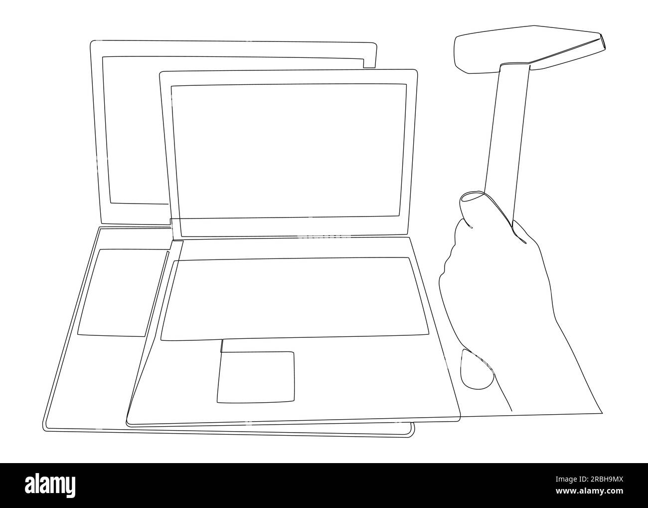One Continuous Line Of Laptop With Hammer Thin Line Illustration Vector Concept Contour